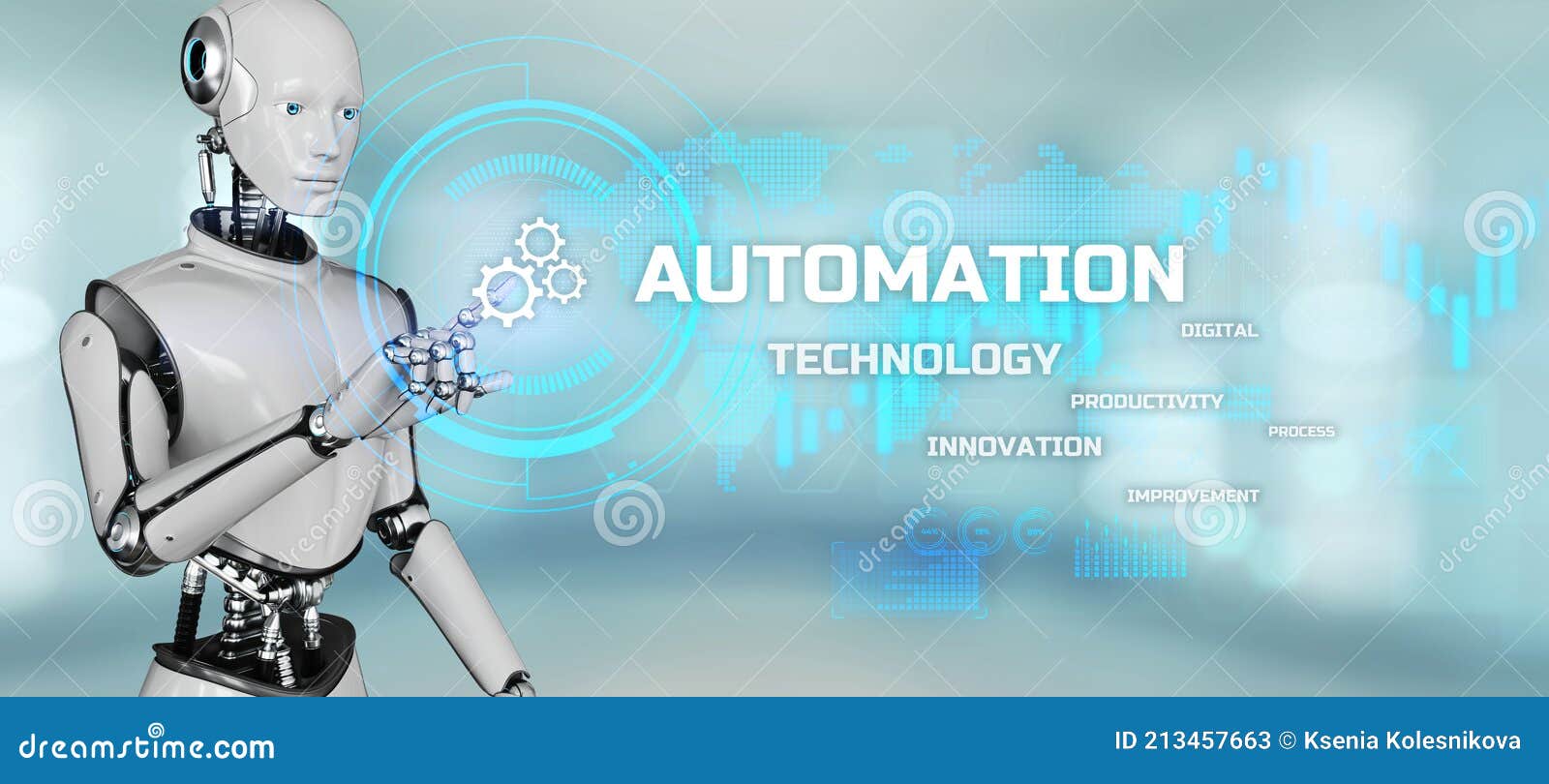 Robotic Business Process Workflow Automation RPA. Robot Pressing Button ...