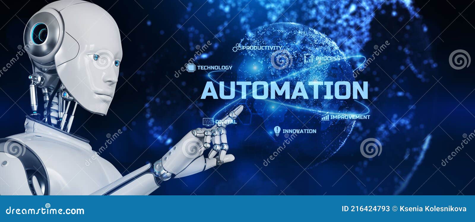 Robotic Business Process Workflow Automation RPA. Robot Pressing Button ...