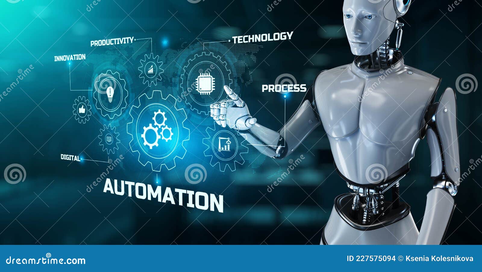 Robotic Business Process Workflow Automation RPA. Robot Pressing Button ...