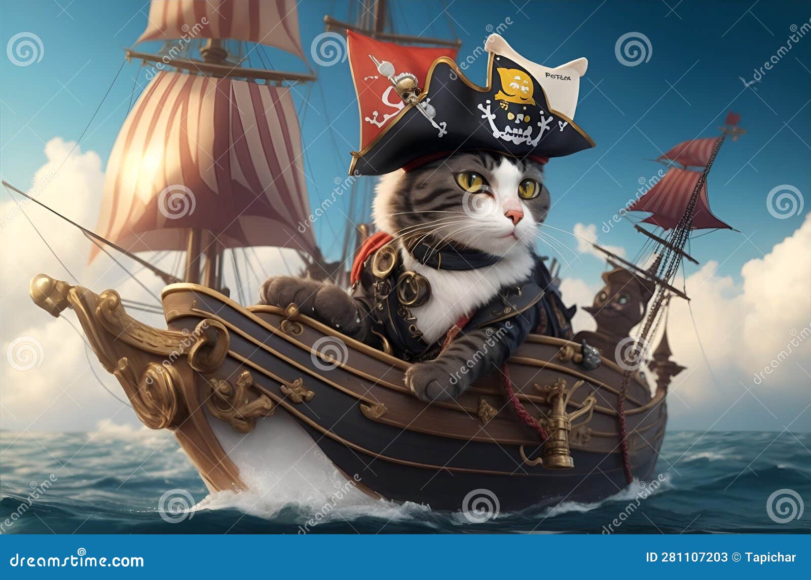 A Robotic Cat Wearing Pirate Hat Riding on a Pirate Ship Sailing in the ...