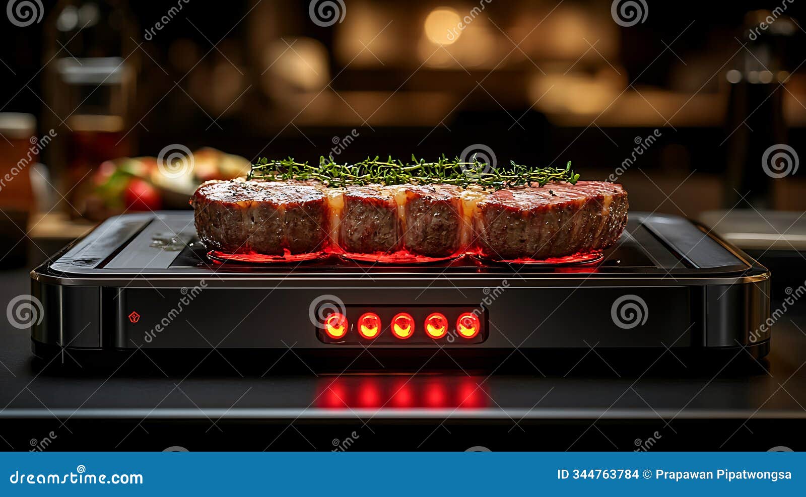 Robotic Chef System Cooking Steak with Herbs on Sleek Grill Showcasing ...