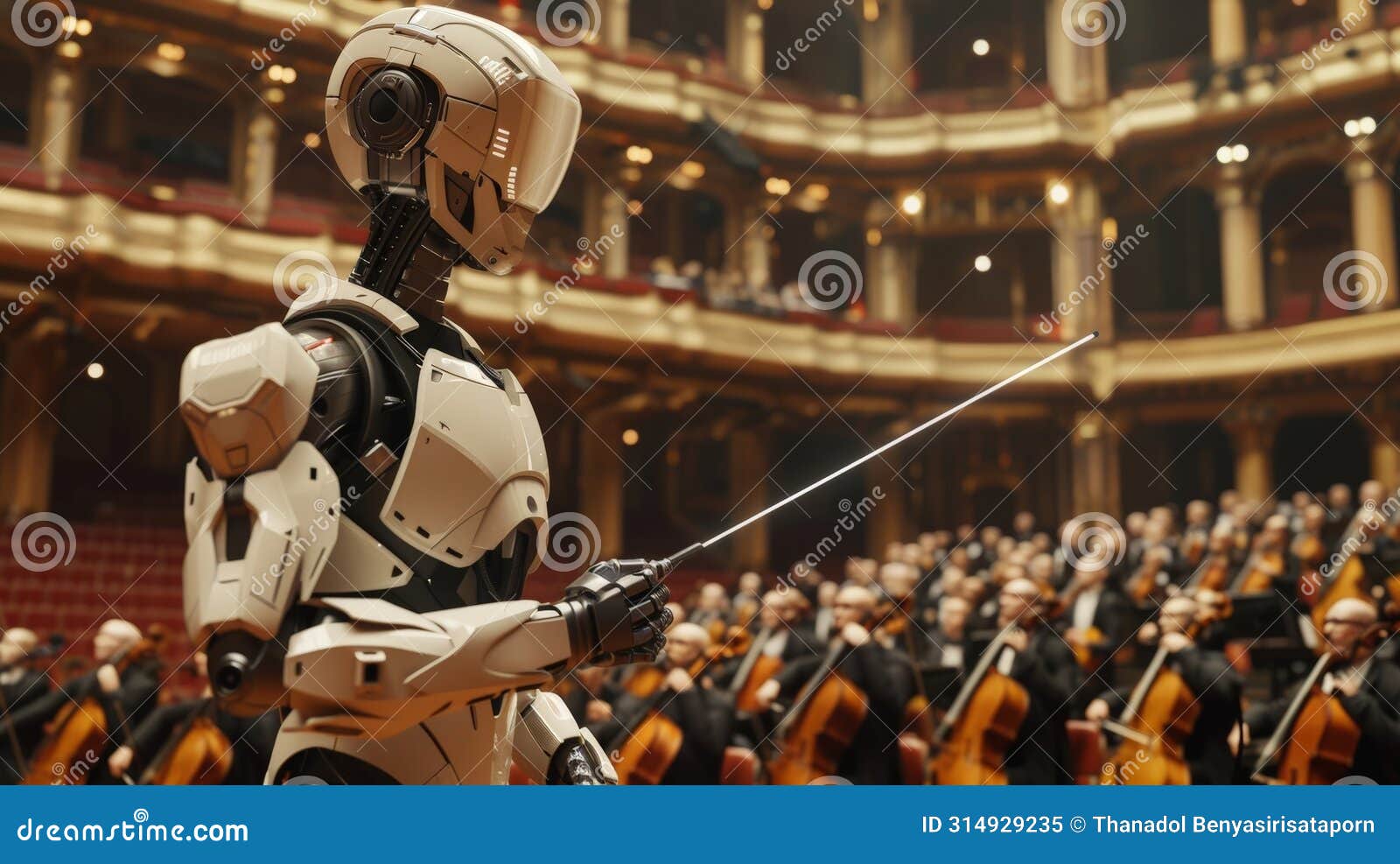 Robot Conductor Leading Orchestra, Vector Cartoon Stick Figure ...