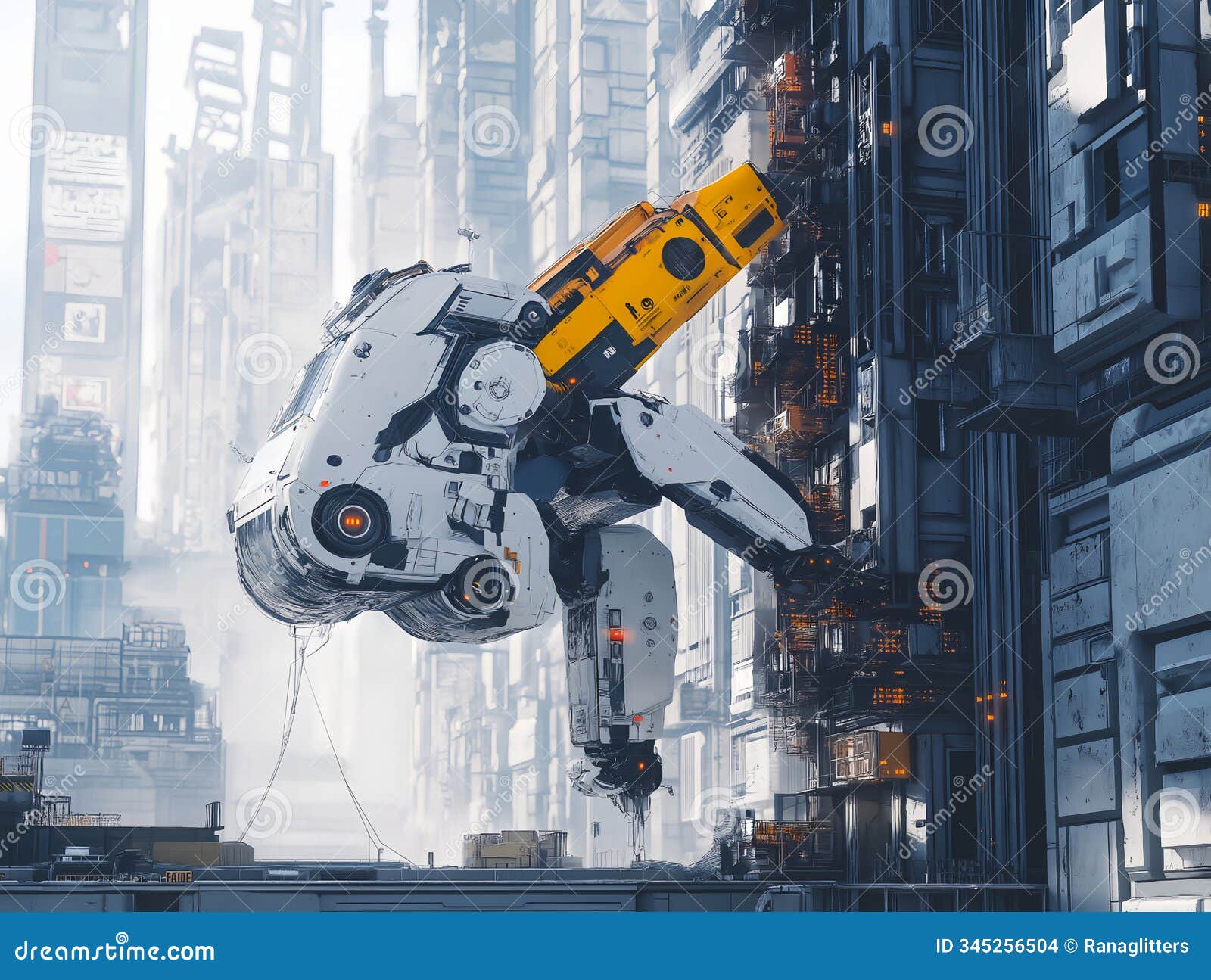 Robotic Construction Arm in Futuristic City Landscape Stock ...