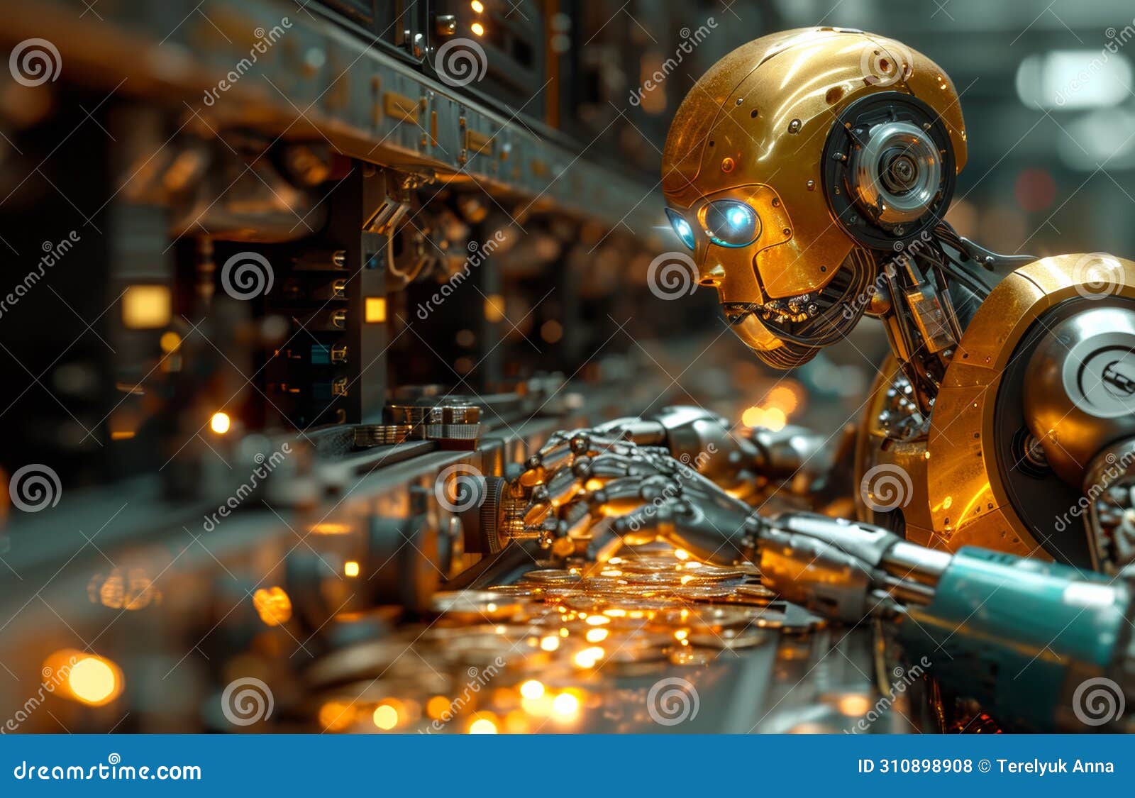 Robotic Cyborg Works at Computer in Factory. Digitalization and ...