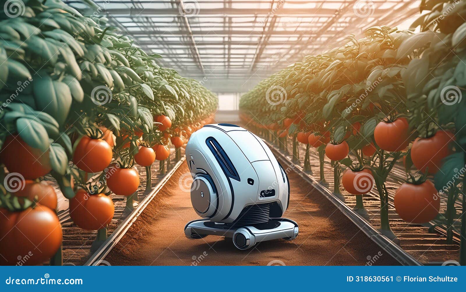 A Robotic Device In A Greenhouse, Autonomously Moving Between Rows Of ...