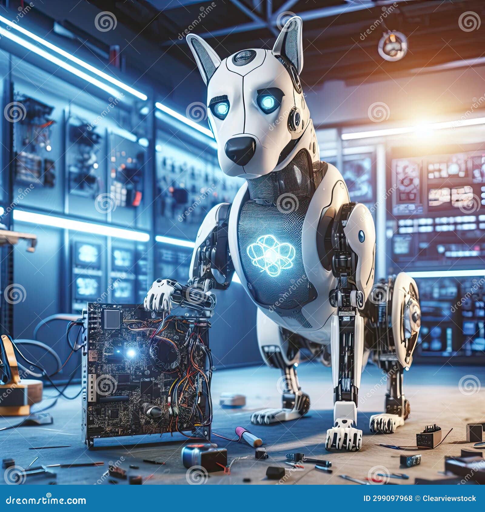 Robotic Dog Being Made or Repaired in a High Tech Lab Stock ...