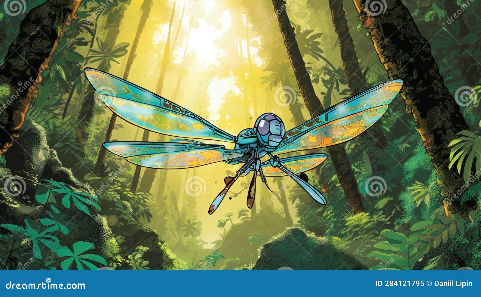 A Robotic Dragonfly Flying Through A Magical Forest Stock Illustration