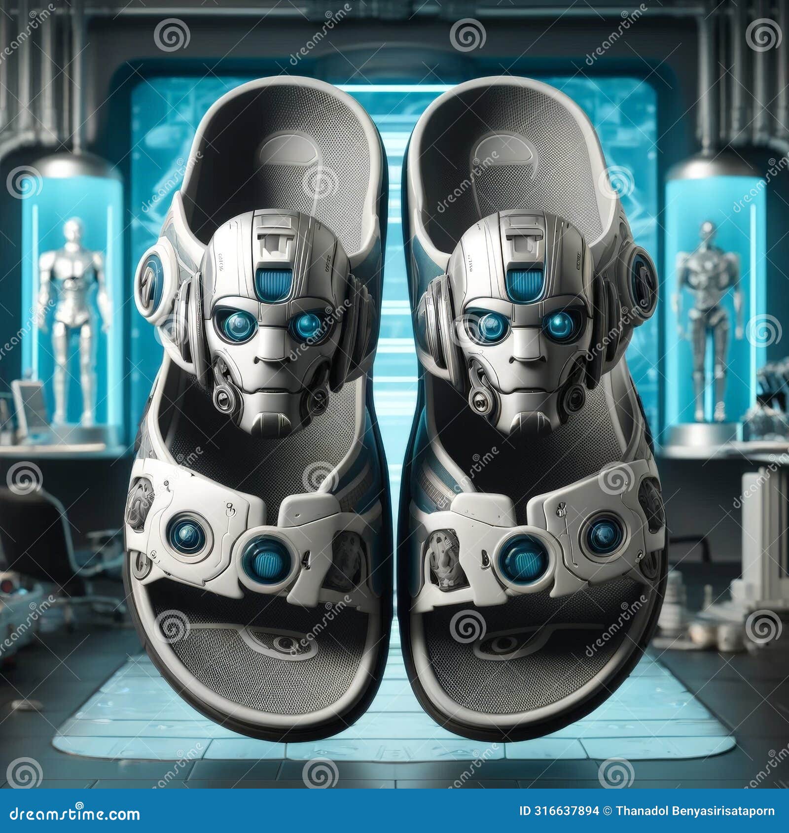 Robotic Faces in Futuristic Lab on Sandals Stock Illustration ...
