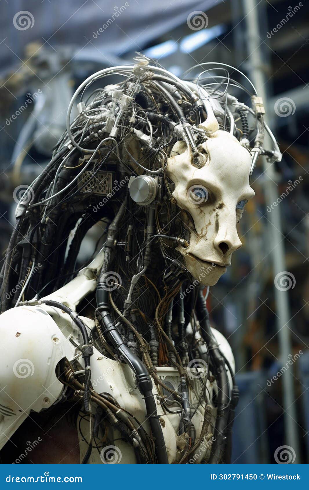 Robotic Figure Standing with a Complex Array of Wires and Cables, AI ...