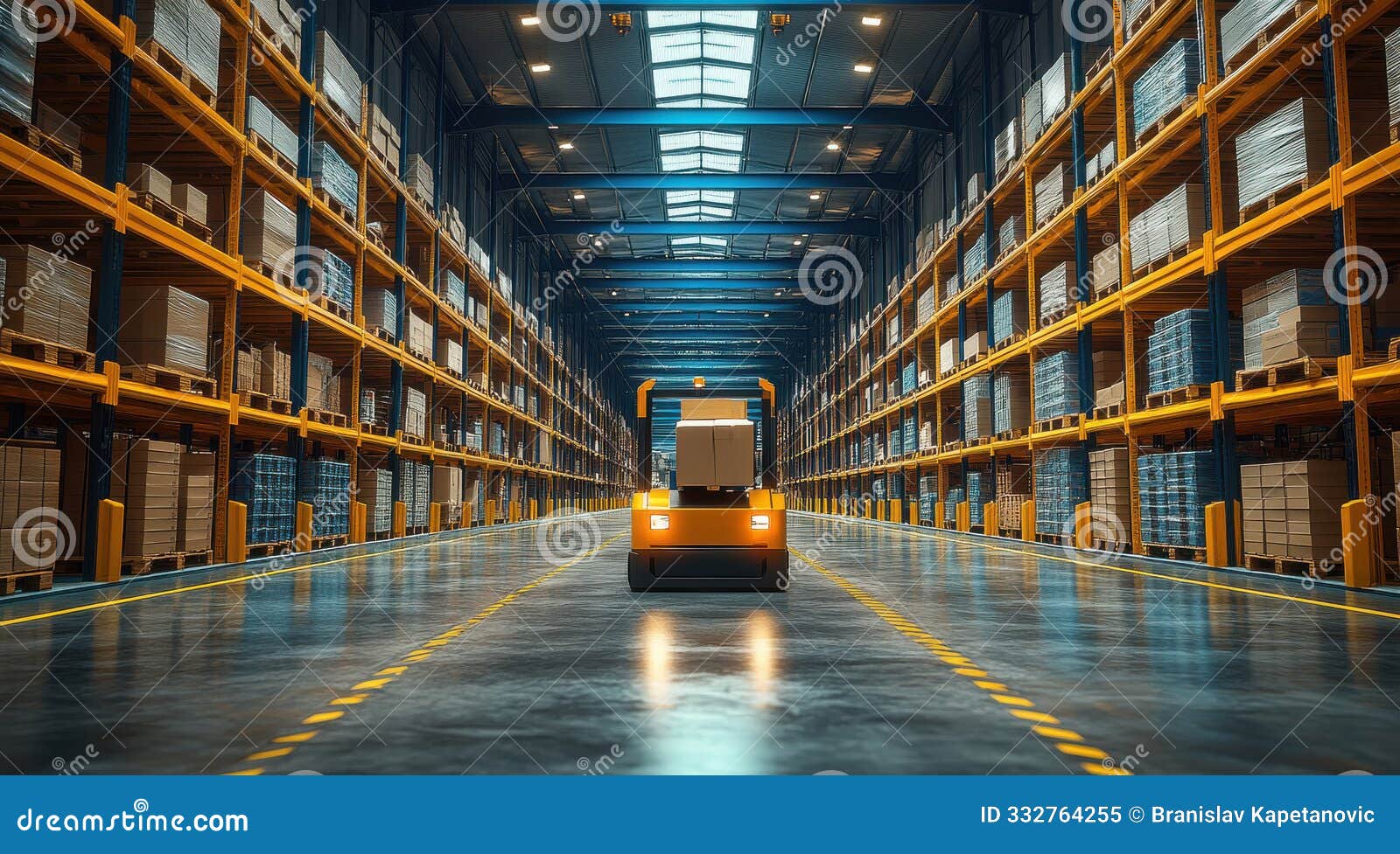 Robotic Forklift Transporting a Box in a Spacious Warehouse with Tall ...