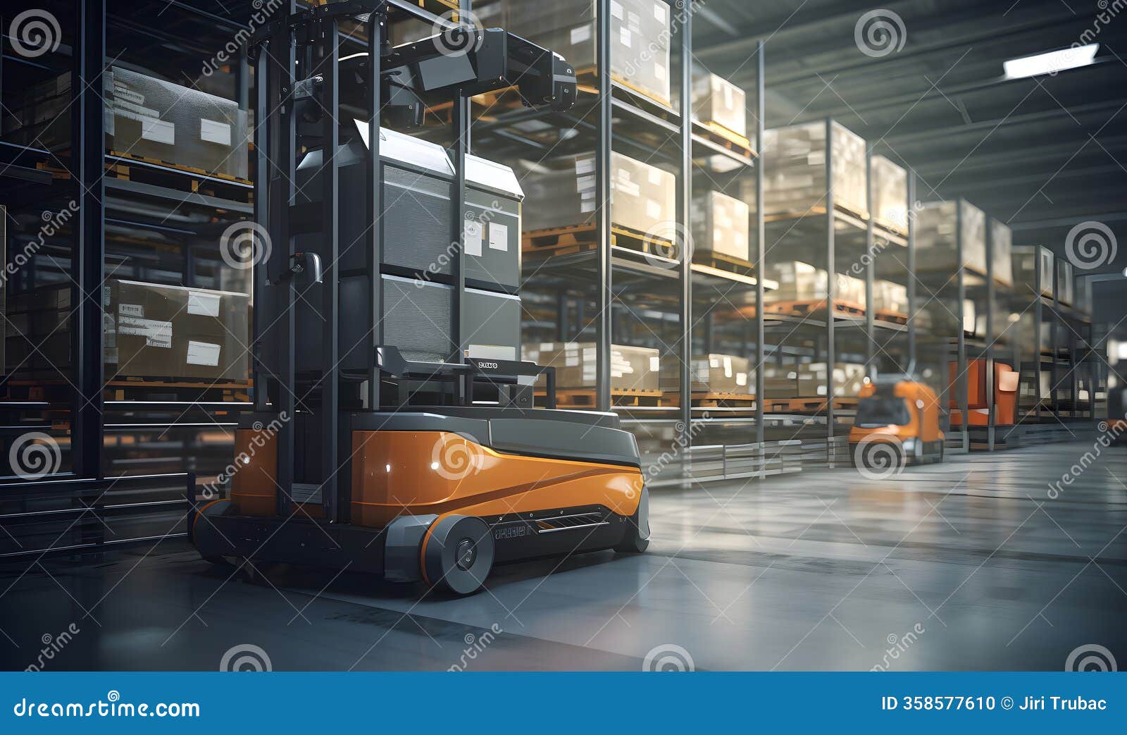 Robotic Forklift Doing Storage In Warehouse By Artificial Intelligence ...
