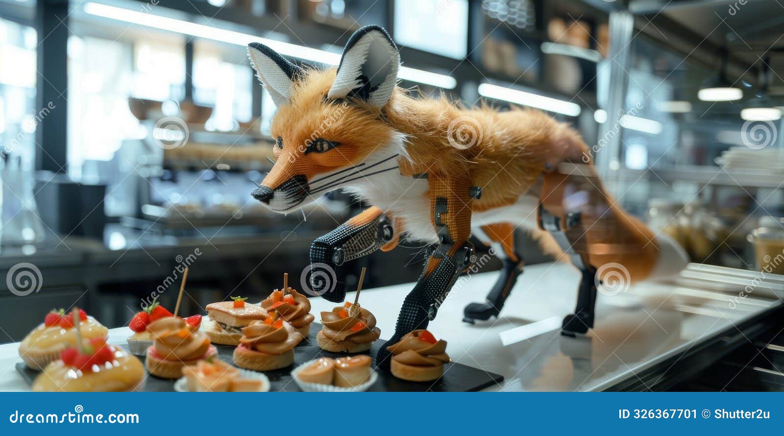 A Robotic Fox Walking in a Bakery Shop with 3D Printed Pastries on ...