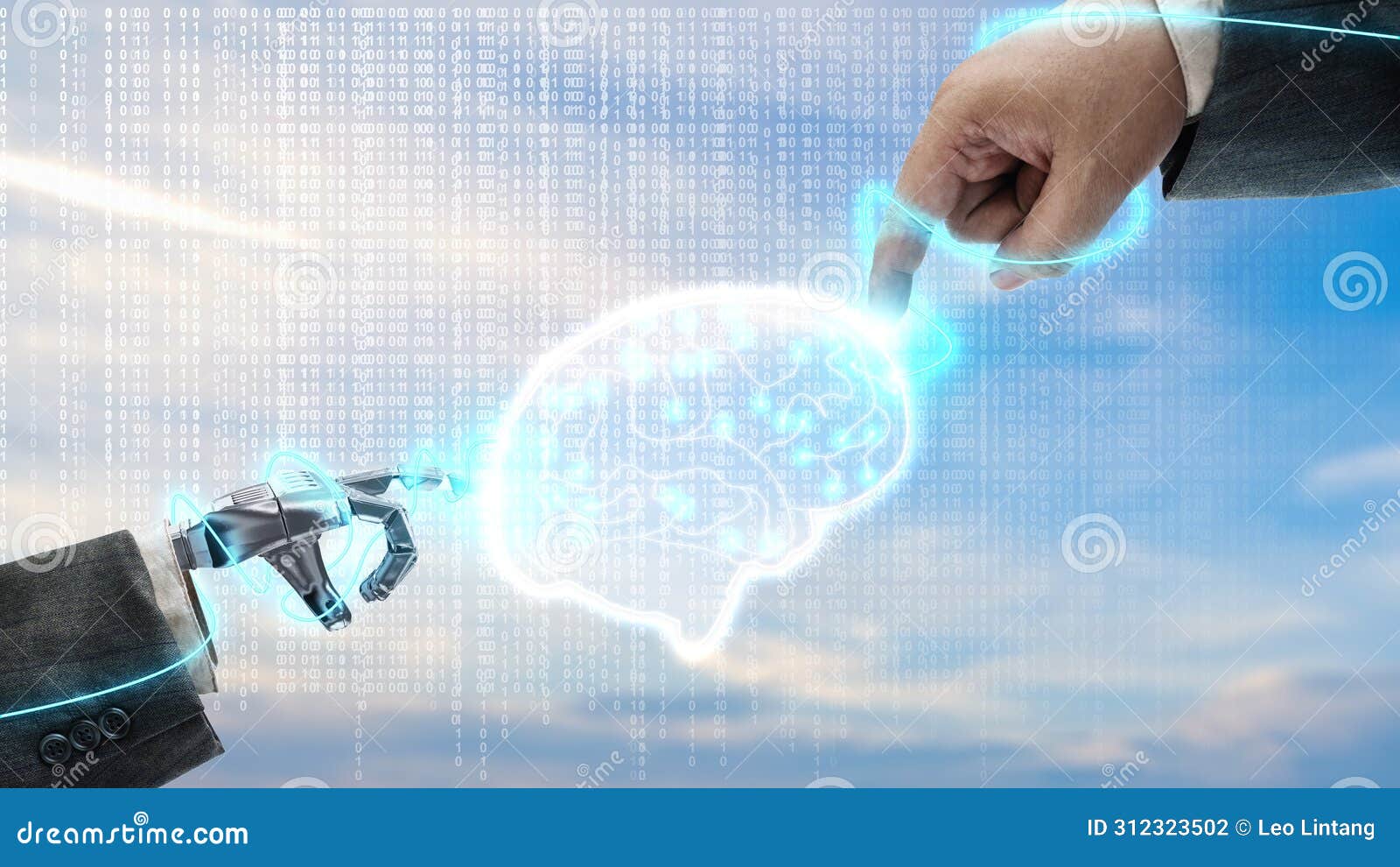 The Robotic Hand and Business Hand Touch the Virtual Brain Stock Photo ...