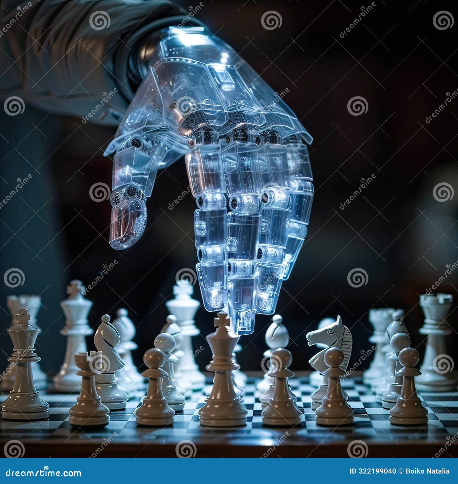 A Robot with Artificial Intelligence Plays Chess. Hand Close-up on a ...