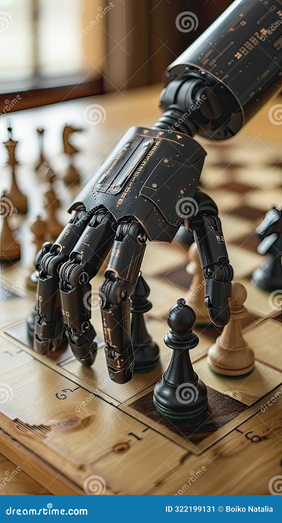 A Robot with Artificial Intelligence Plays Chess. Hand Close-up on a ...