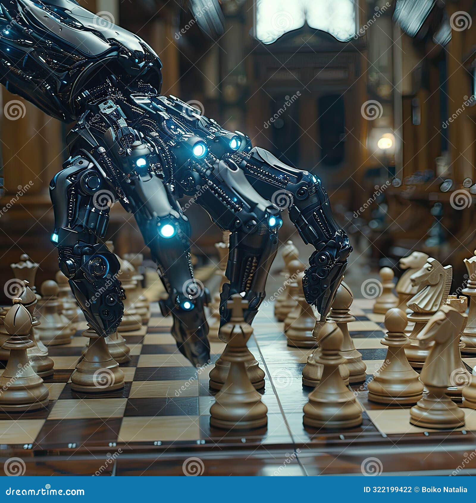 A Robot with Artificial Intelligence Plays Chess. Hand Close-up on a ...