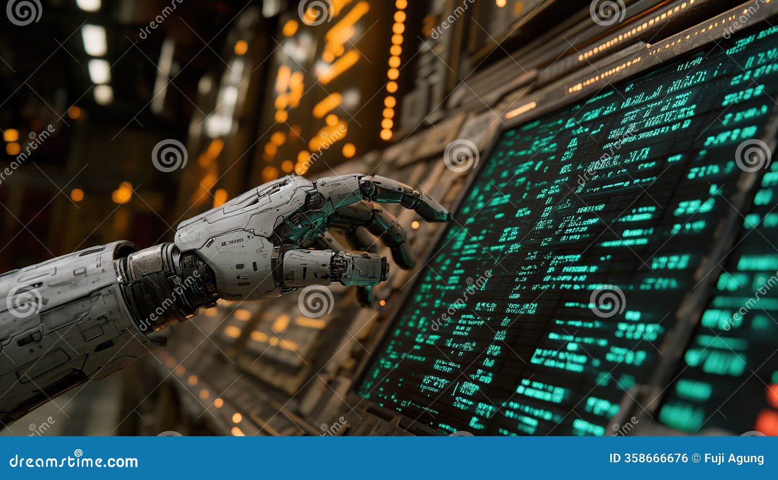 Robotic Hand Controls Futuristic Console in Spaceship Bridge Stock ...