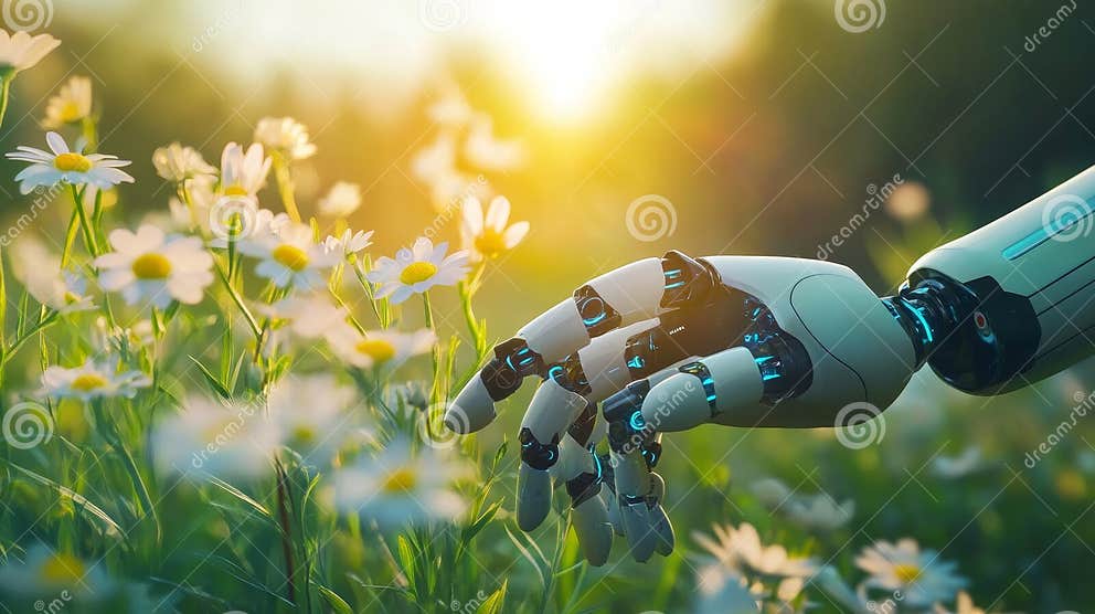 Robotic Hand Gently Exploring Spring Flowers, Highlighting the Harmony ...