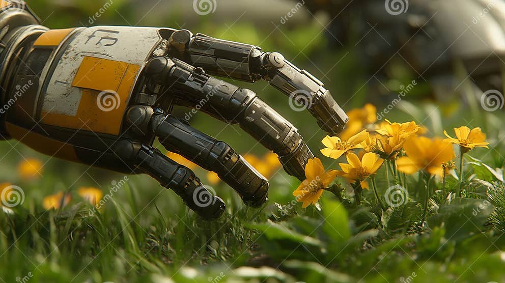 Robotic Hand Gently Exploring Spring Flowers, Symbolizing Technology ...