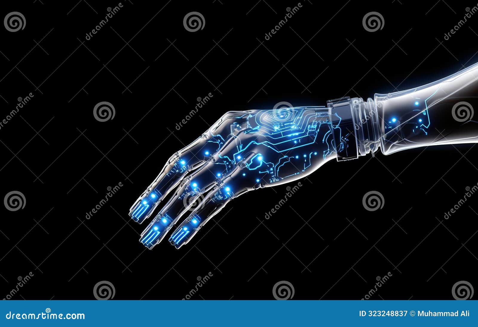 A Robotic Hand with Glowing Blue Lights Stock Illustration ...