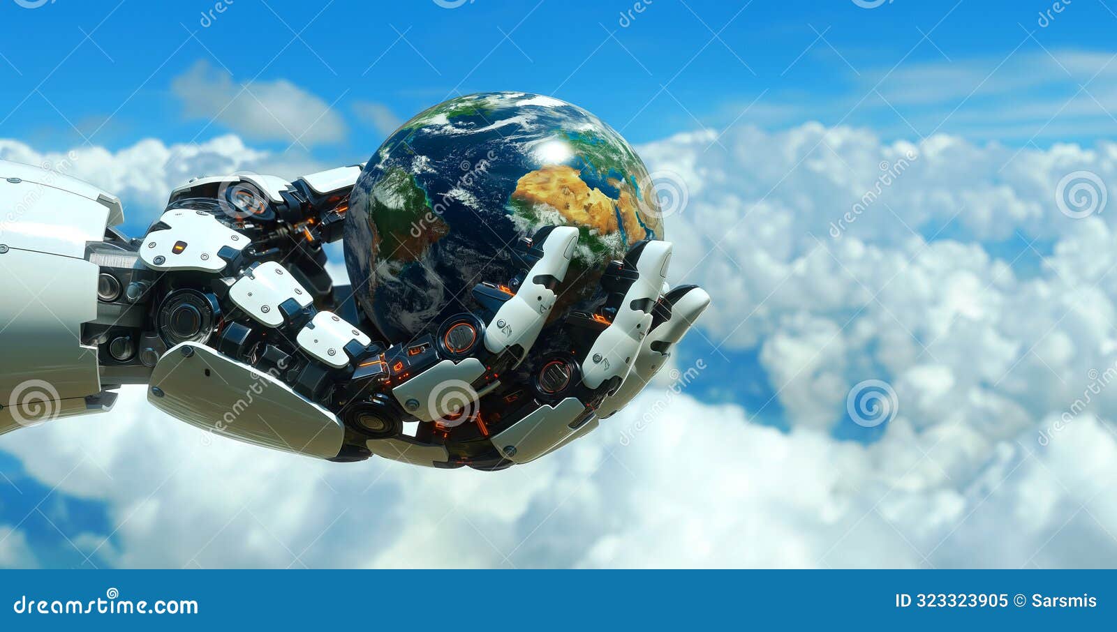 Robotic Hand Holding Earth Against Sky - Future Technology and Global ...