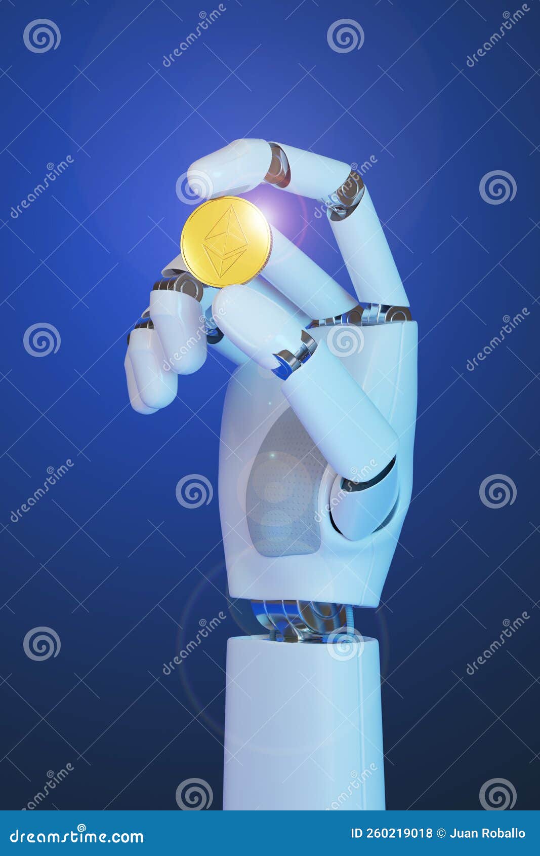 Robotic Hand Holding an Ethereum Coin on Blue Background. 3d ...