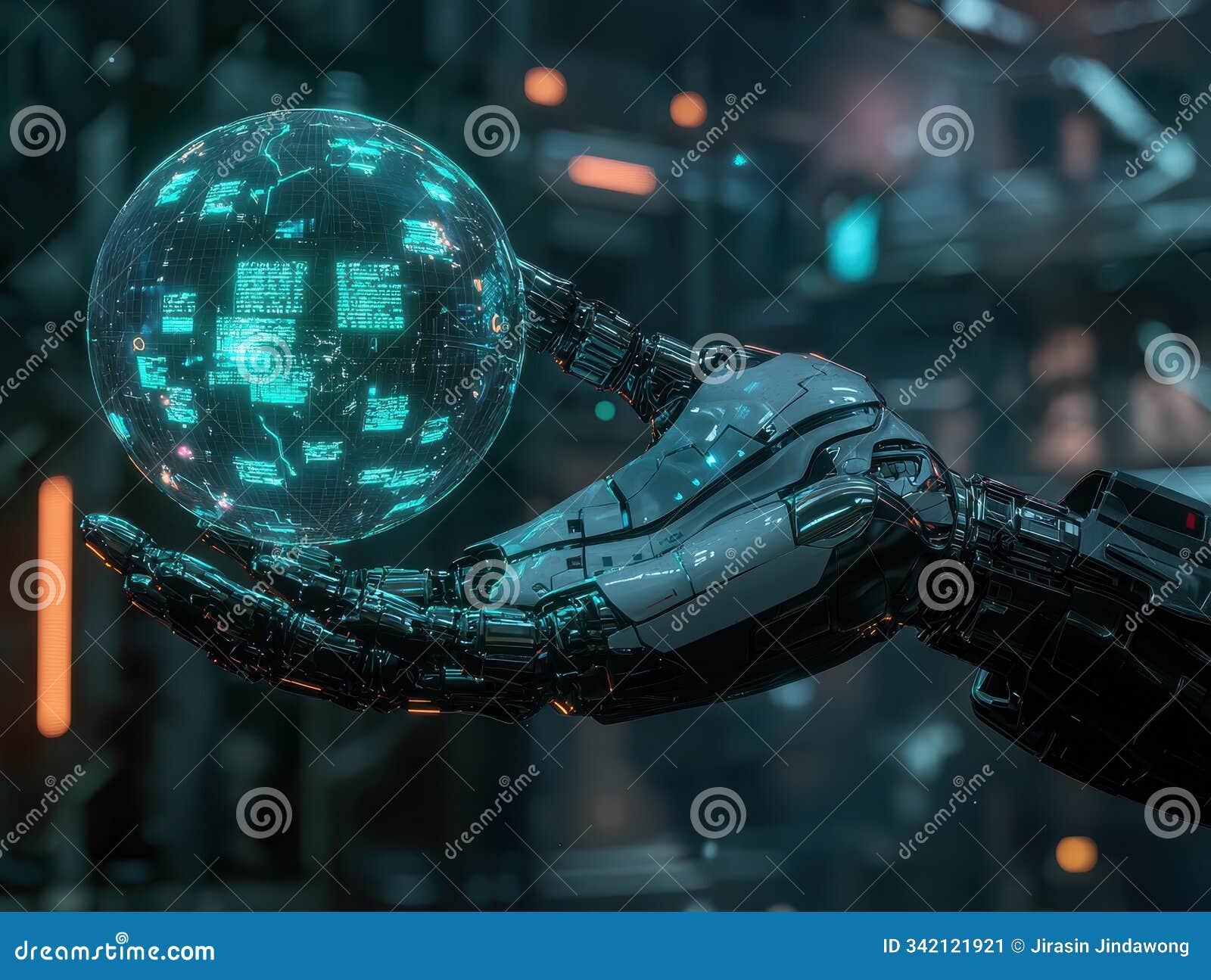 Robotic Hand Holding Glowing Data Sphere in 3D Stock Illustration ...