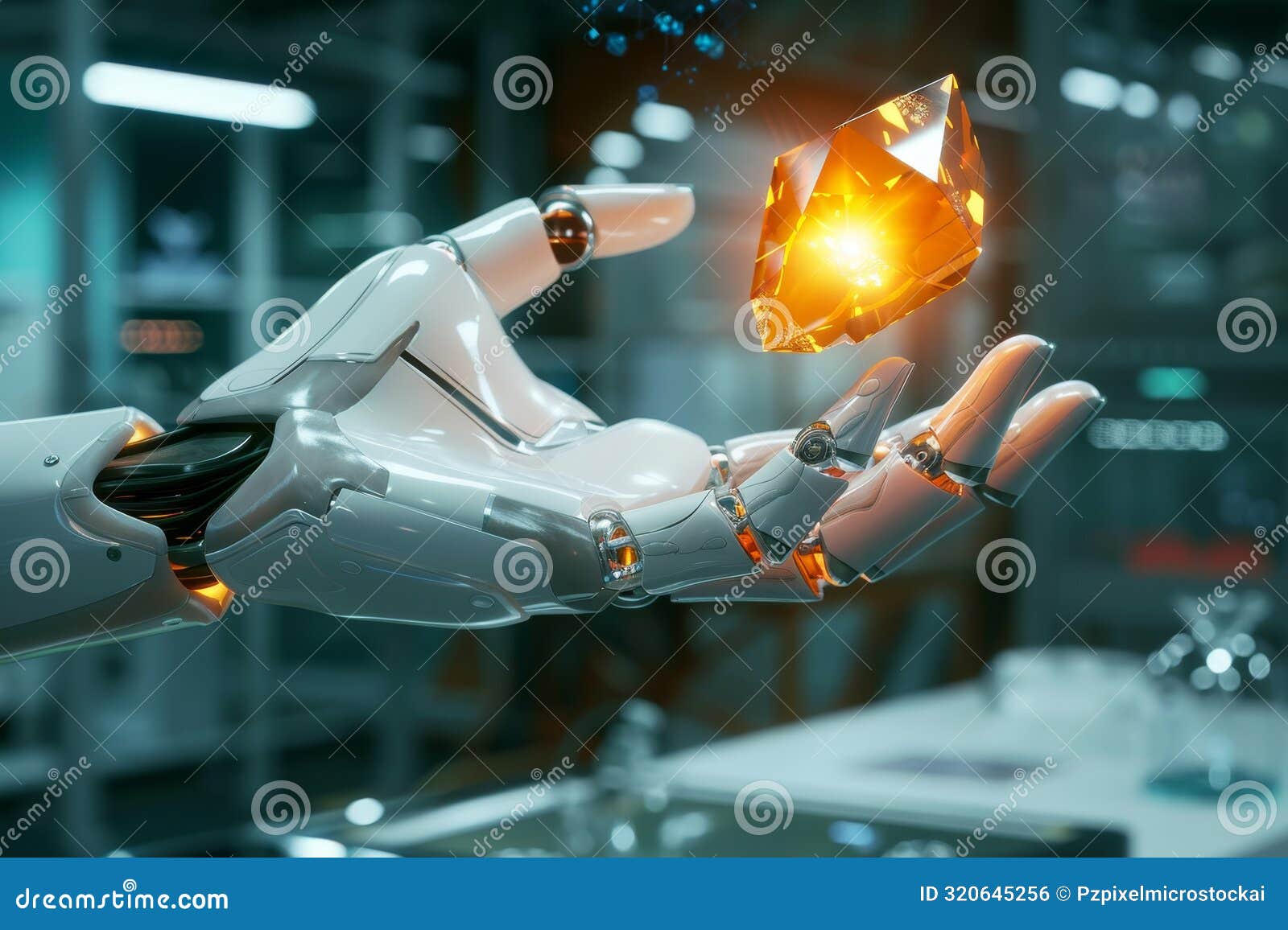 A Robotic Hand Holding a Glowing Omega-shaped Crystal Generated by AI ...