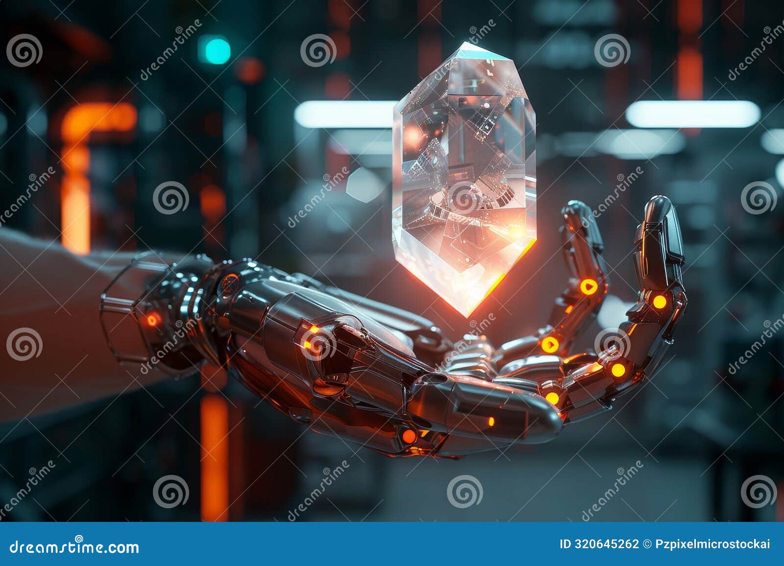 A Robotic Hand Holding a Glowing Omega-shaped Crystal Generated by AI ...
