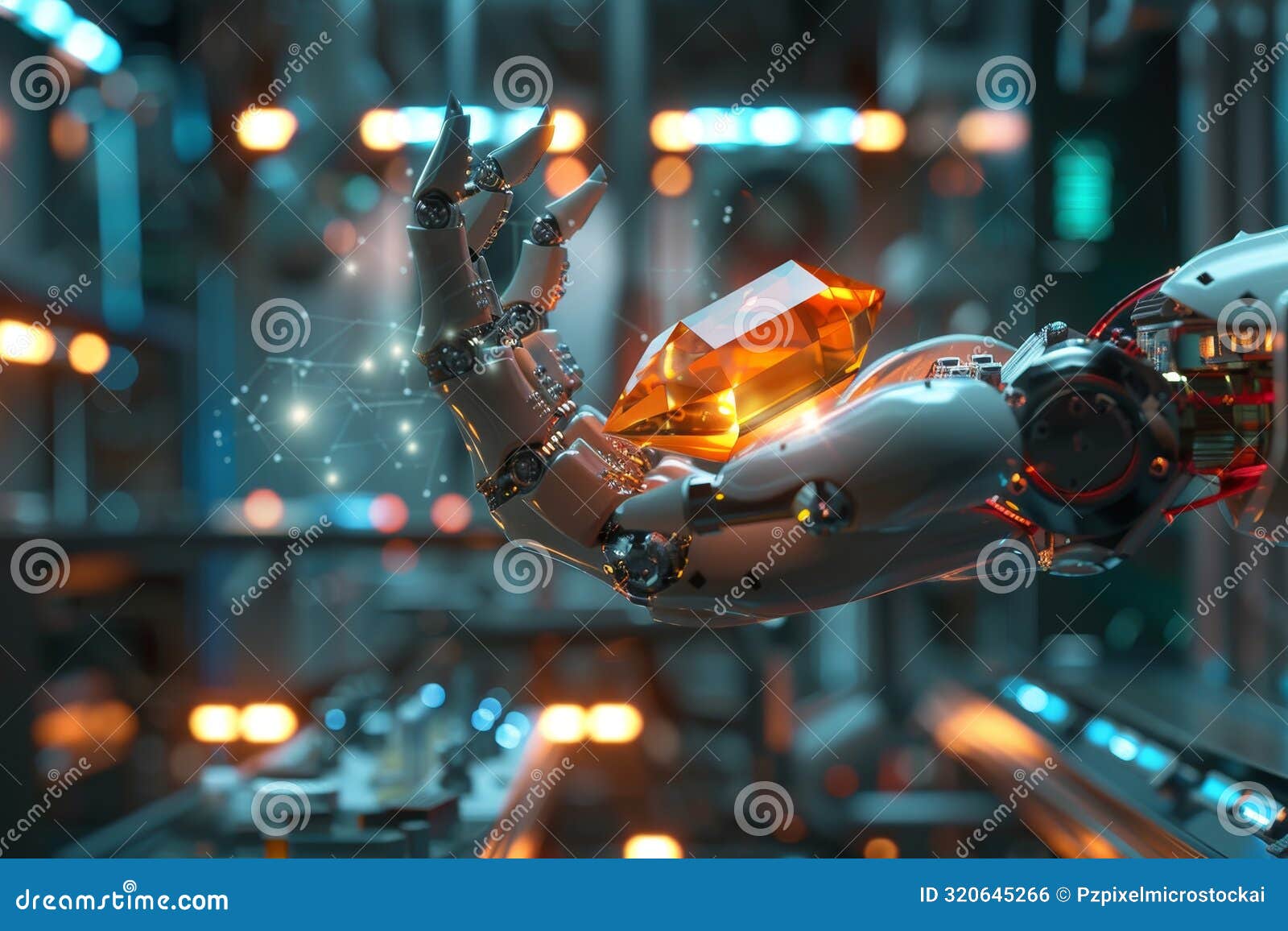 A Robotic Hand Holding a Glowing Omega-shaped Crystal Generated by AI ...