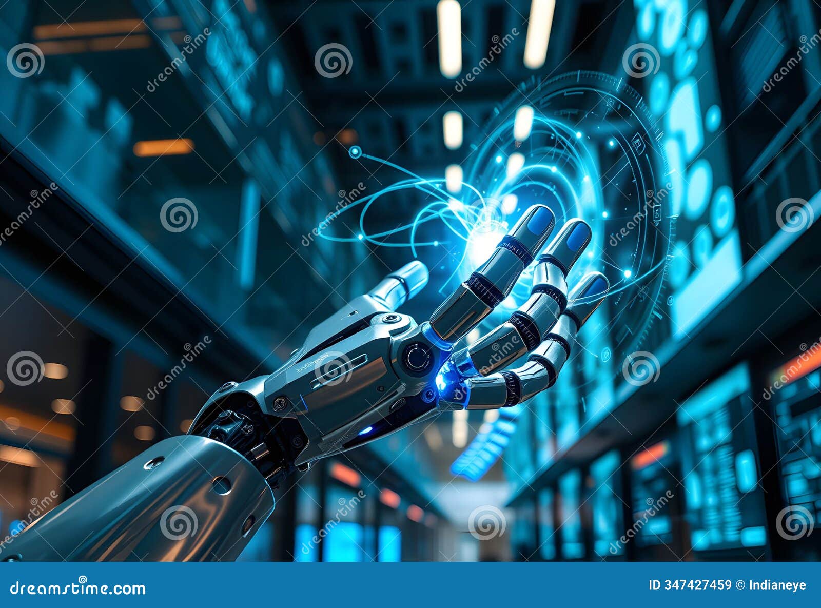 A Robotic Hand is Holding a Glowing Orb in a Futuristic Setting Stock ...