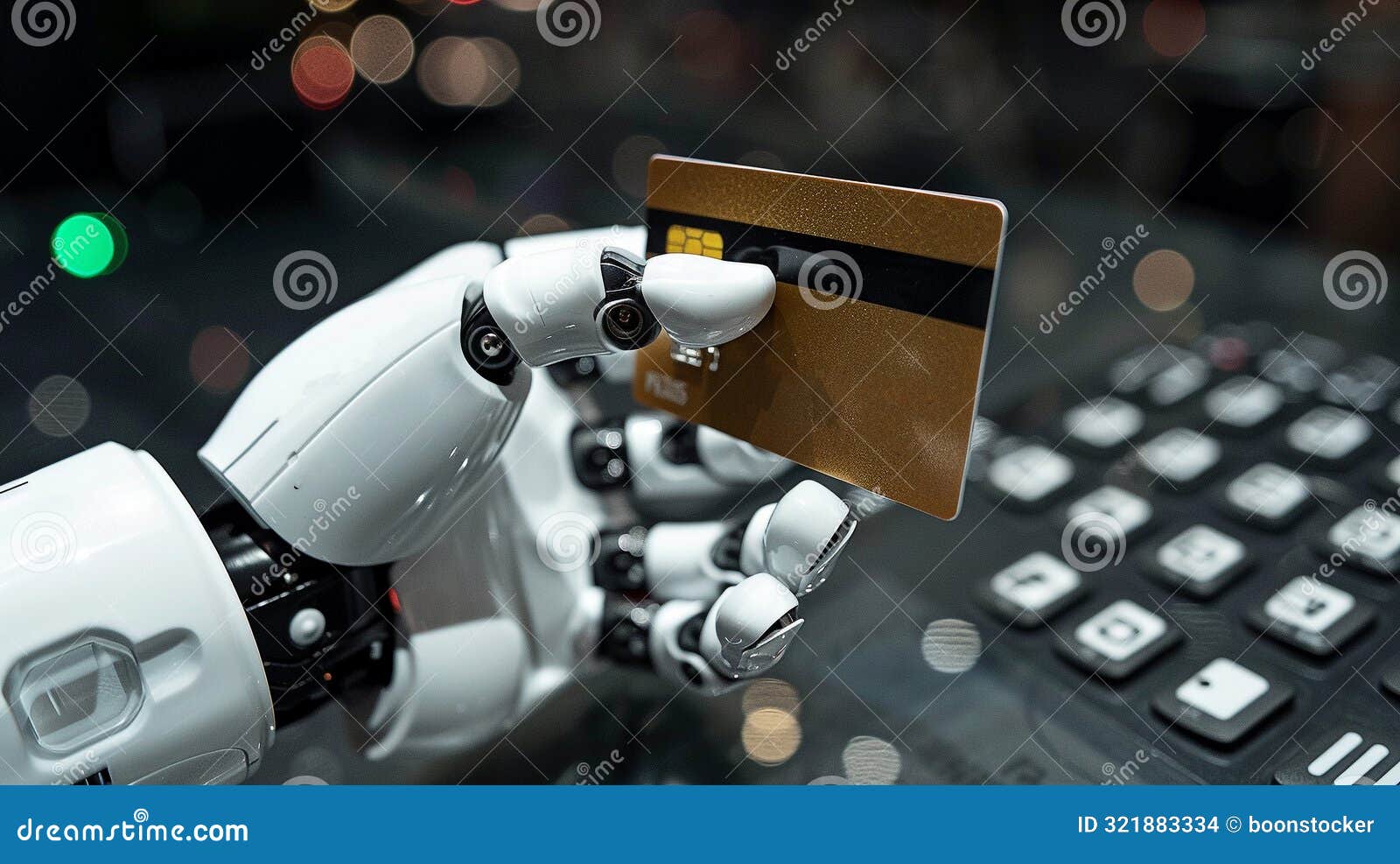 A Robotic Hand Holds a Credit Card Against a Technological Backdrop. AI ...