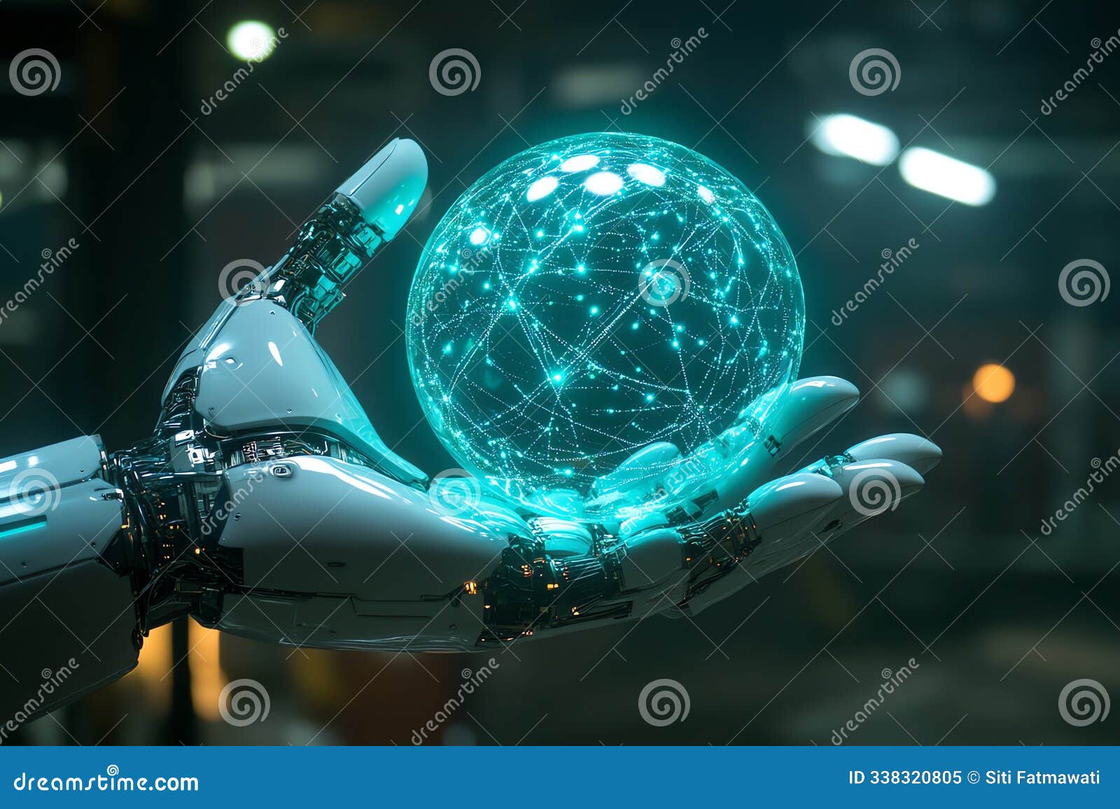 A Robotic Hand Holds a Glowing Orb, Representing Data and Technology ...