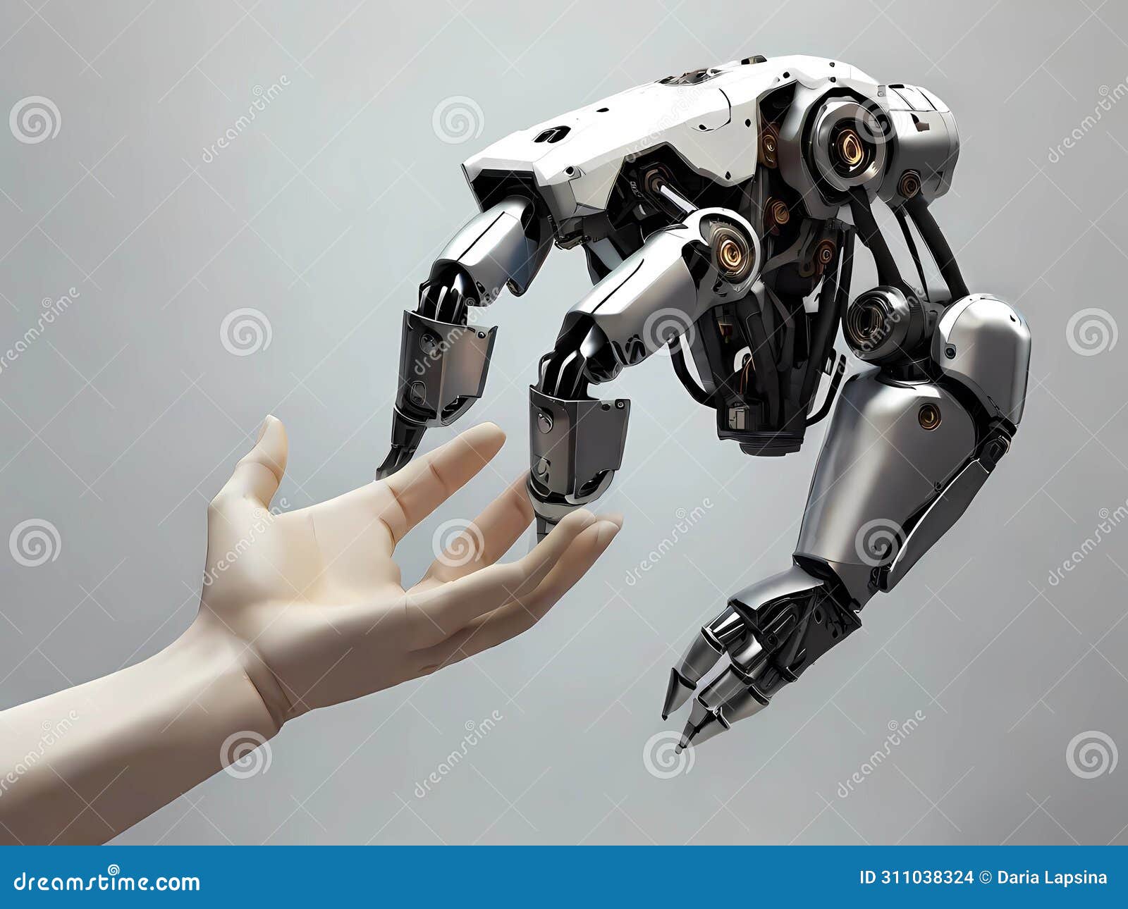 Robotic Hand and Human Hand. Technology Meets Humanity on Gray ...