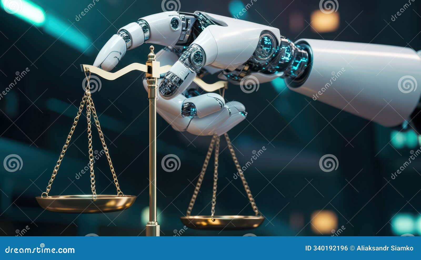 Robotic Hand Interacting with Justice Scales Symbolizing AI Ethics and ...