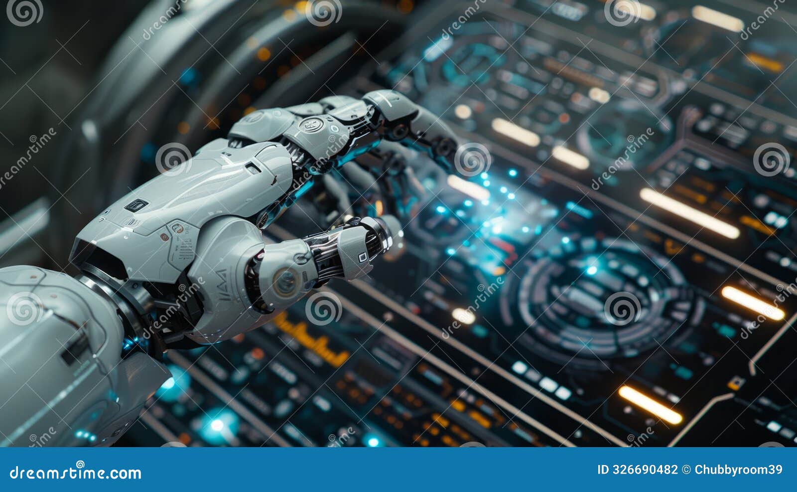 A Robotic Hand Interacts with a Futuristic Control Panel with ...