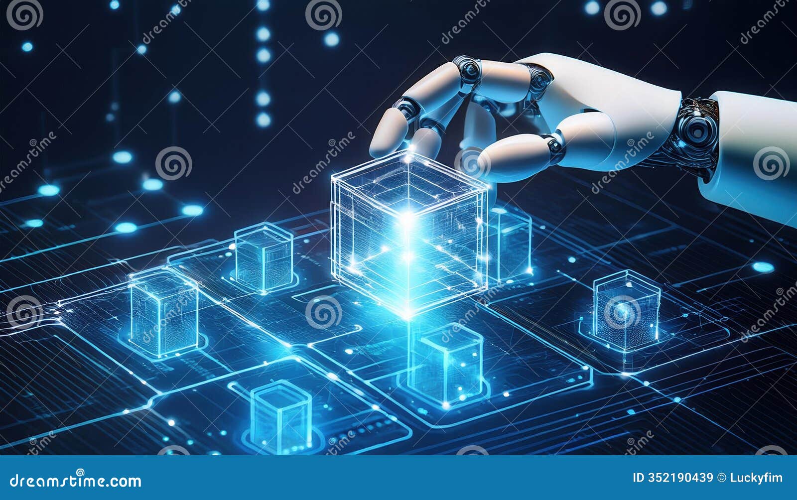 Robotic Hand Interacts with Glowing Data Blocks on Digital Interface ...