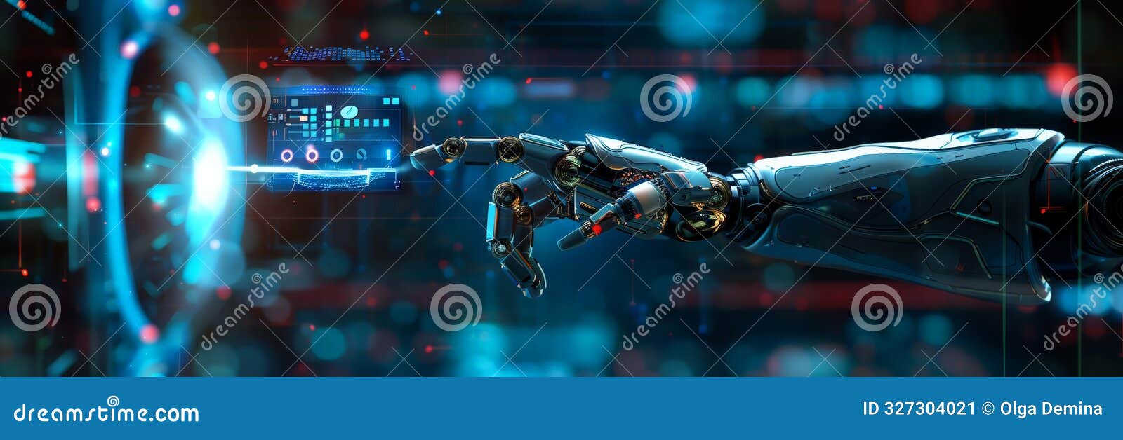 Robotic Hand Operating Futuristic Control Panel. High-tech Innovation ...