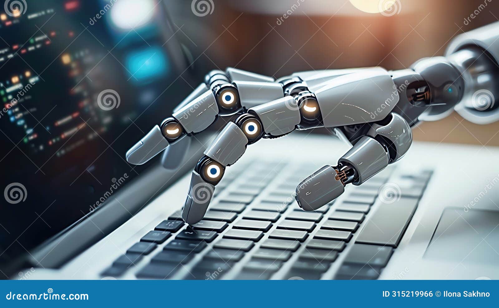 A Robotic Hand Types on a Laptop Keyboard in Metallic Engineering Font ...