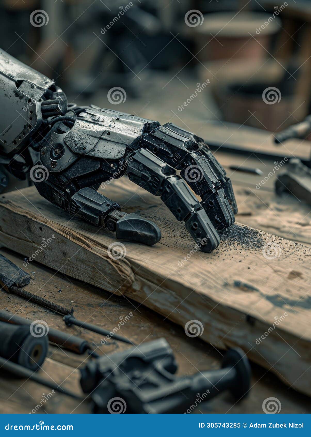 Robotic Hand Performing Precise Work on a Wooden Surface Stock ...