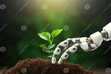 Robotic Hand Planting a Tree in Earth. Artificial Intelligence ...