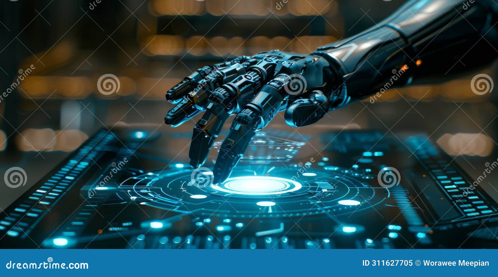 A Robotic Hand is Pointing To a Glowing Blue Circle on a Computer ...
