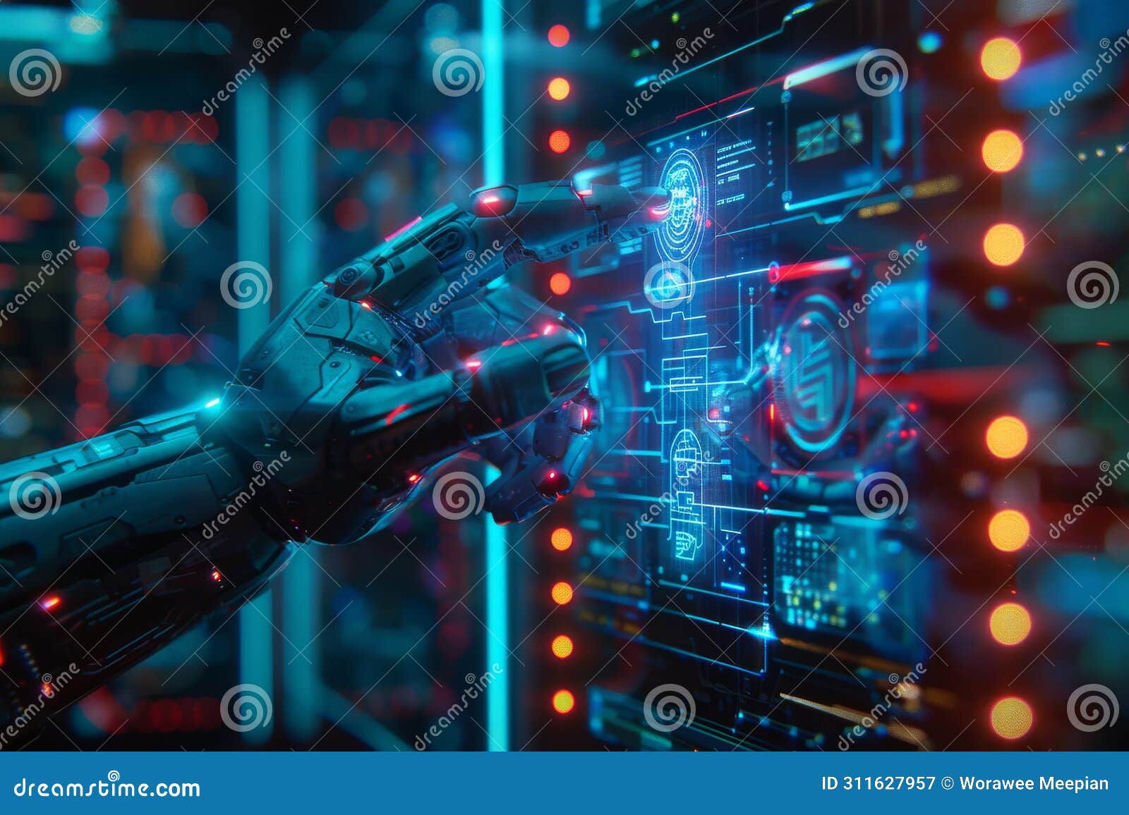 A Robotic Hand is Pointing To a Glowing Blue Circle on a Computer ...