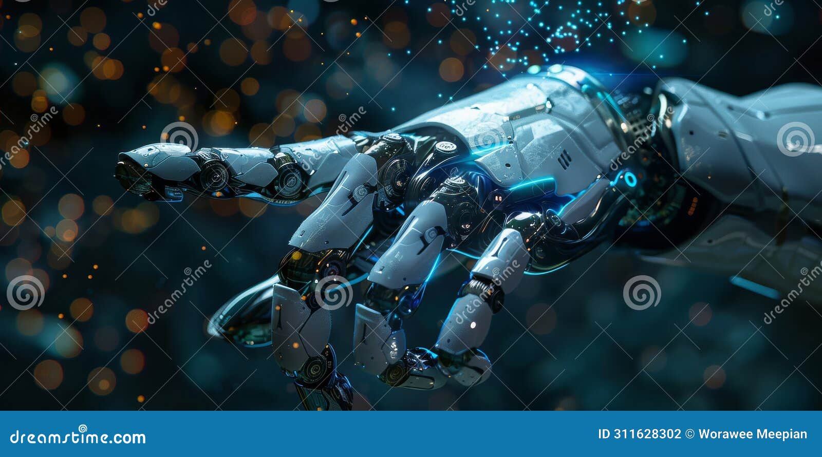 A Robotic Hand is Pointing To a Glowing Blue Circle on a Computer ...