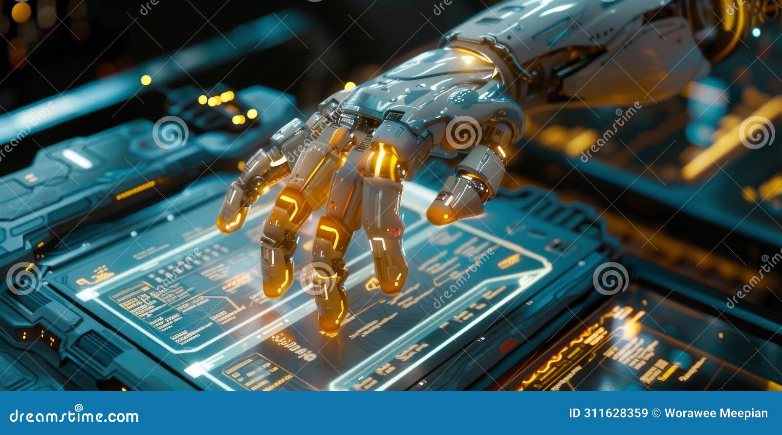 A Robotic Hand is Pointing To a Glowing Blue Circle on a Computer ...