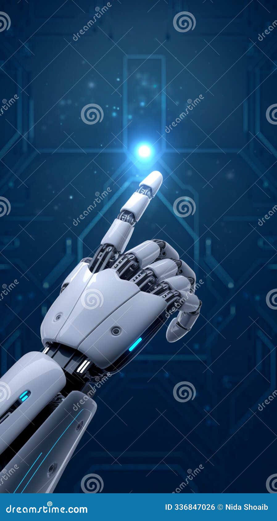 Robotic Hand Points at Luminous Blue Point, Digital Environment with ...