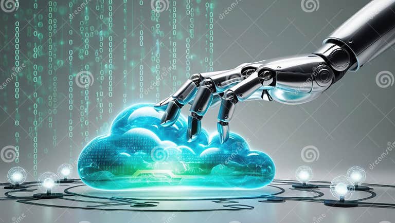 Robotic Hand Reaches Towards a Glowing Cloud, Symbolizing the Connection between Artificial ...