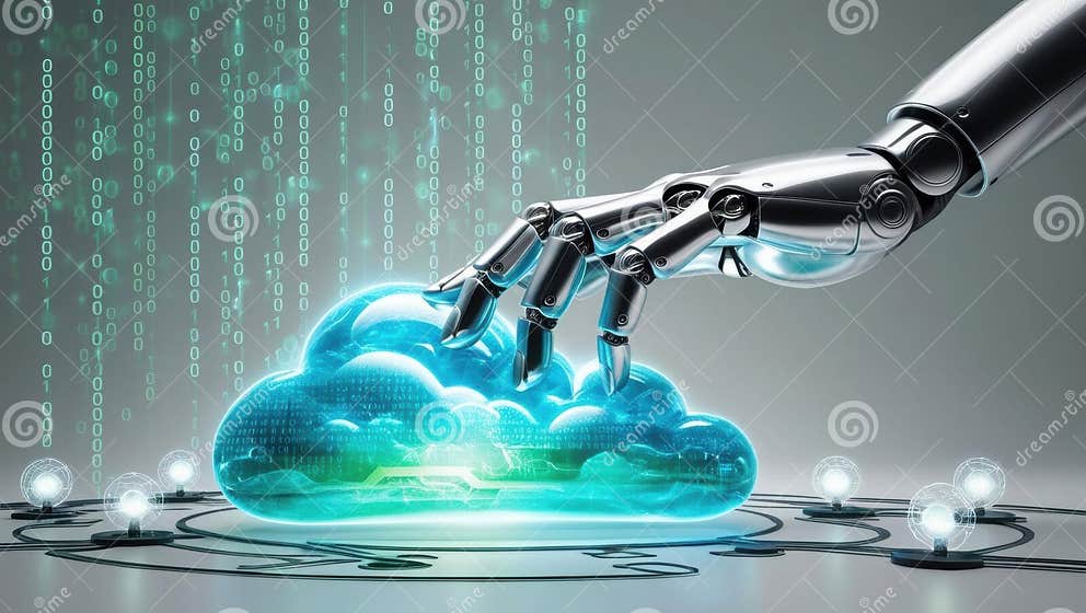 Robotic Hand Reaches Towards a Glowing Cloud, Symbolizing the Connection between Artificial ...