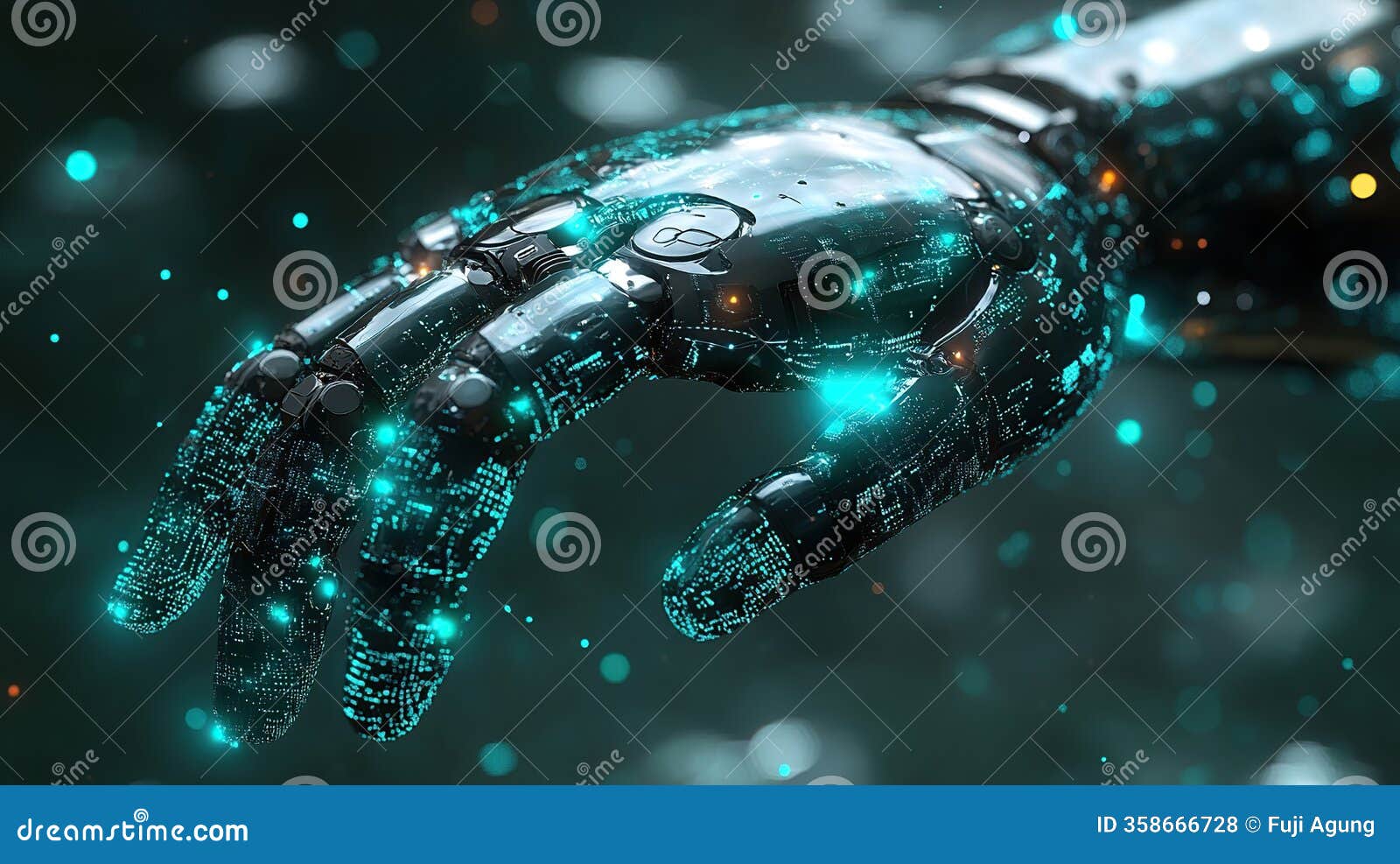 Robotic Hand Reaching, Digital Particles, Dark Background, Tech Concept ...