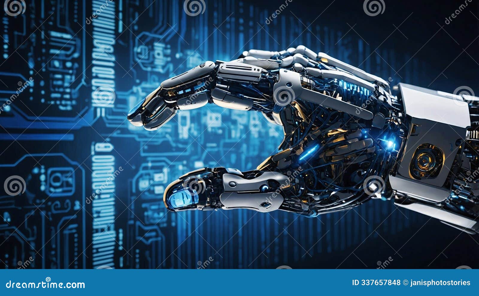 Robotic Hand Reaching Forward on Blue Digital Circuit Background, Tech ...